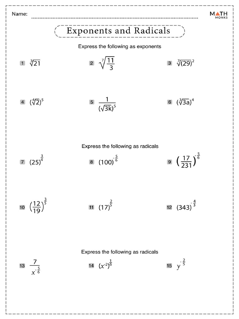 Exponents-and-Radicals-Class-8-Worksheets | PDF