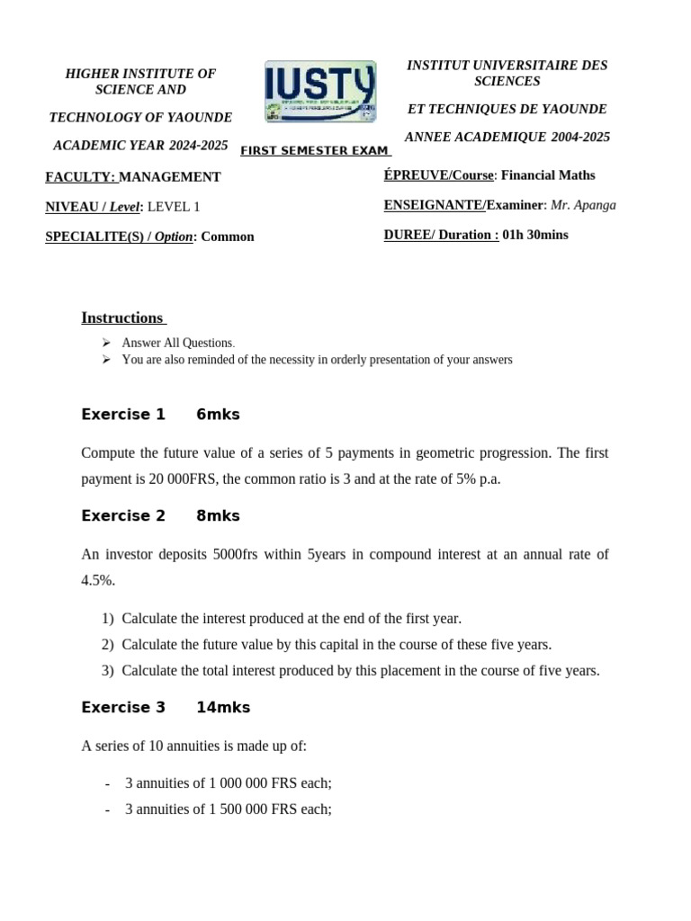 Fin maths exam set 1 | PDF | Interest | Present Value