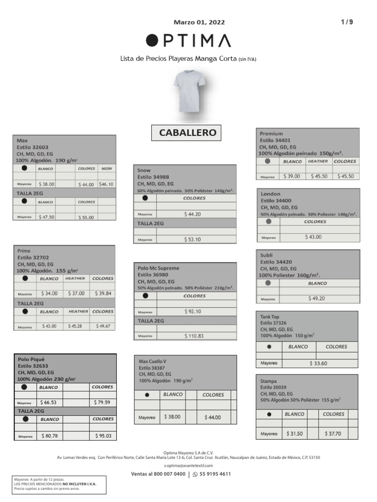 Lista Precios Playeras Optima 2022 | PDF