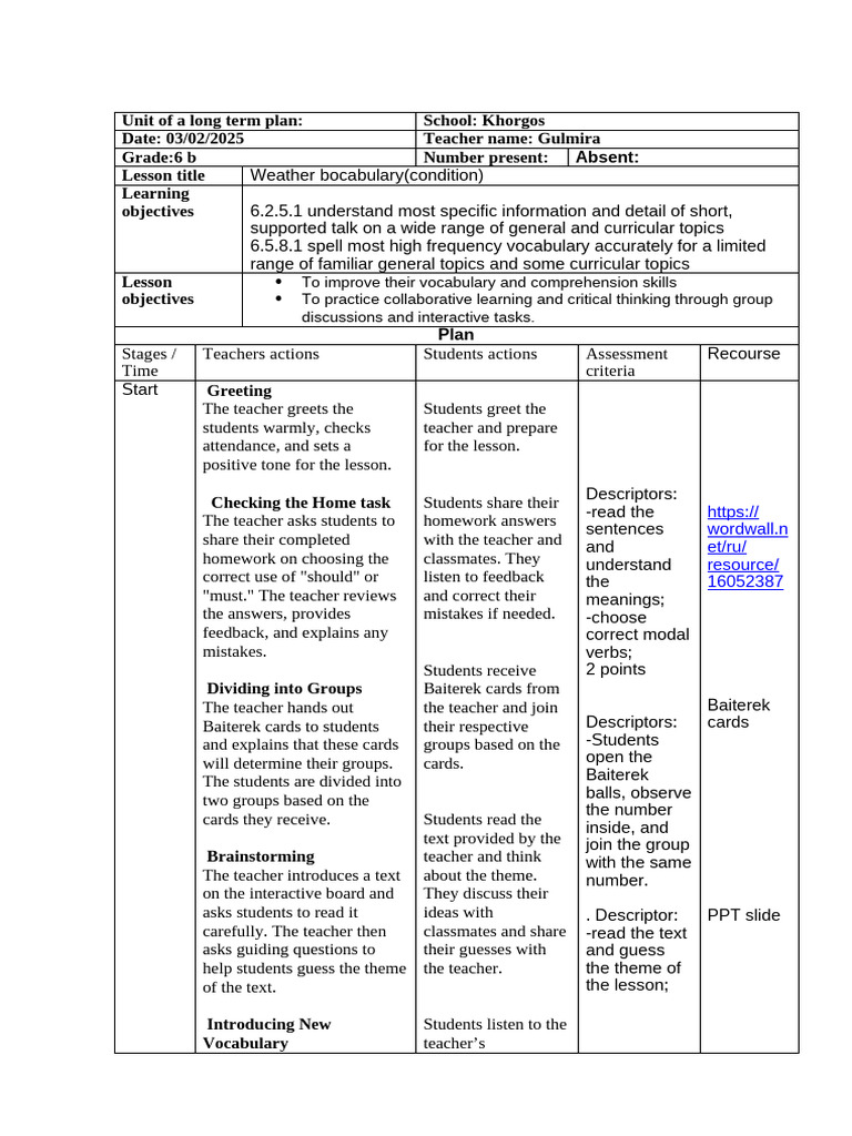 6th Grade Weather Vocabulary Lesson Plan | PDF | Adjective | Vocabulary