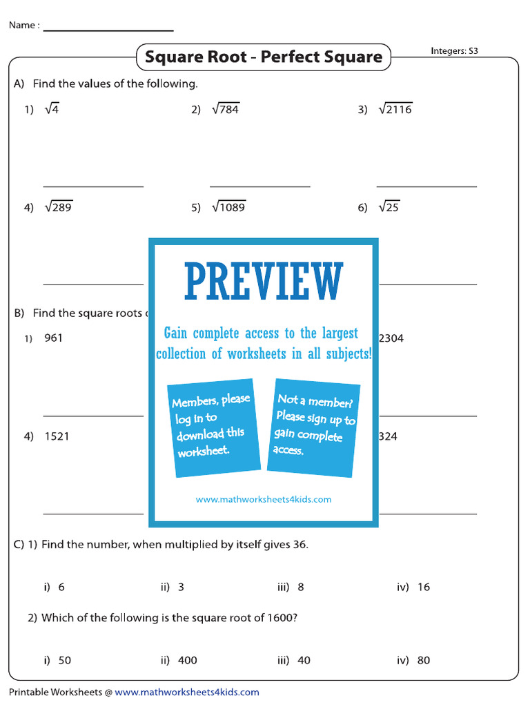 Square root - perfect square 3 (work sheet) | PDF
