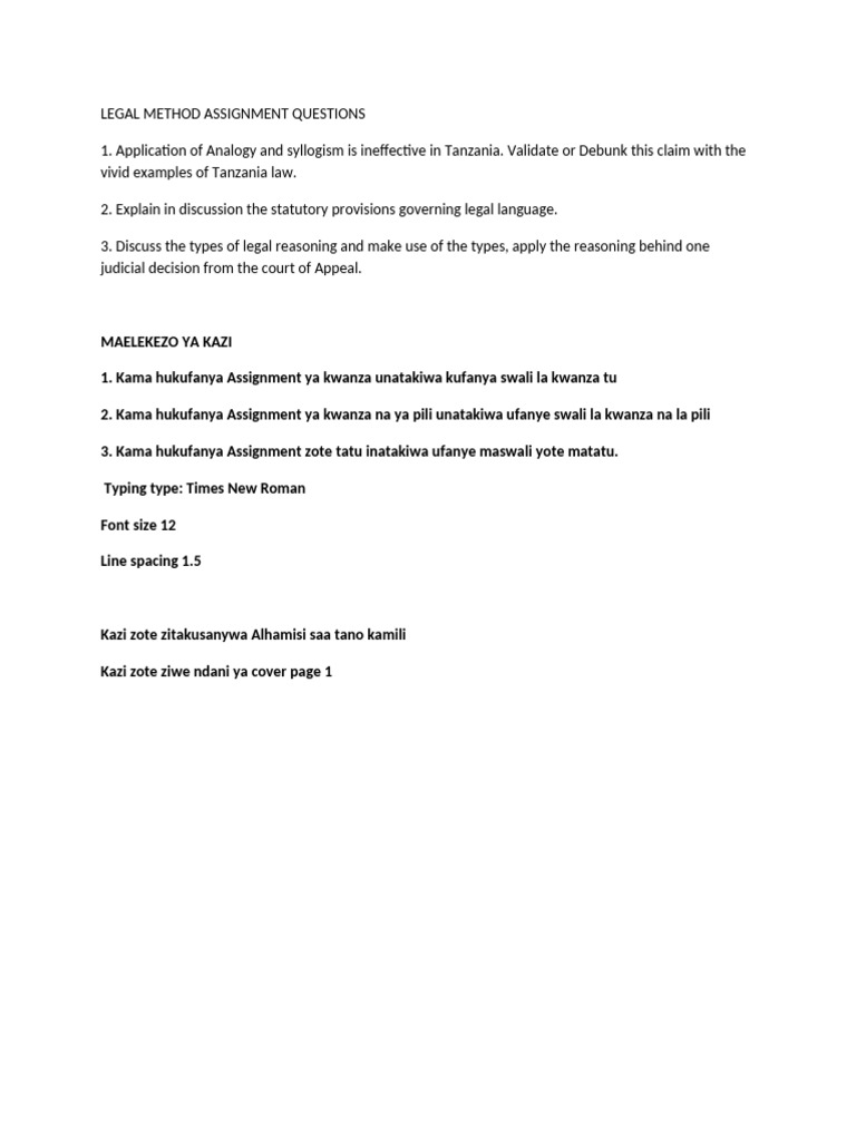 Legal Method Assignment Questions Tanzania | PDF