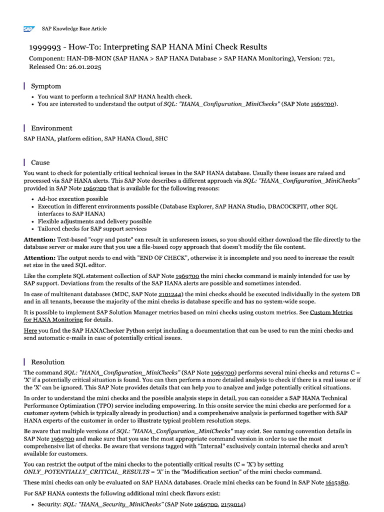 How-To Interpreting SAP HANA Mini Check Results | PDF