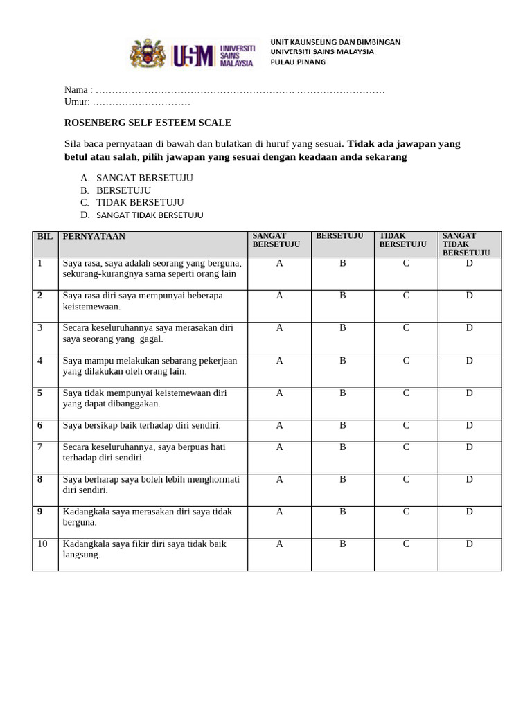 Rosenberg Self Esteem Scale | PDF