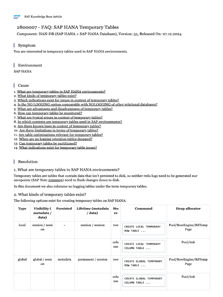 FAQ SAP HANA Temporary Tables | PDF