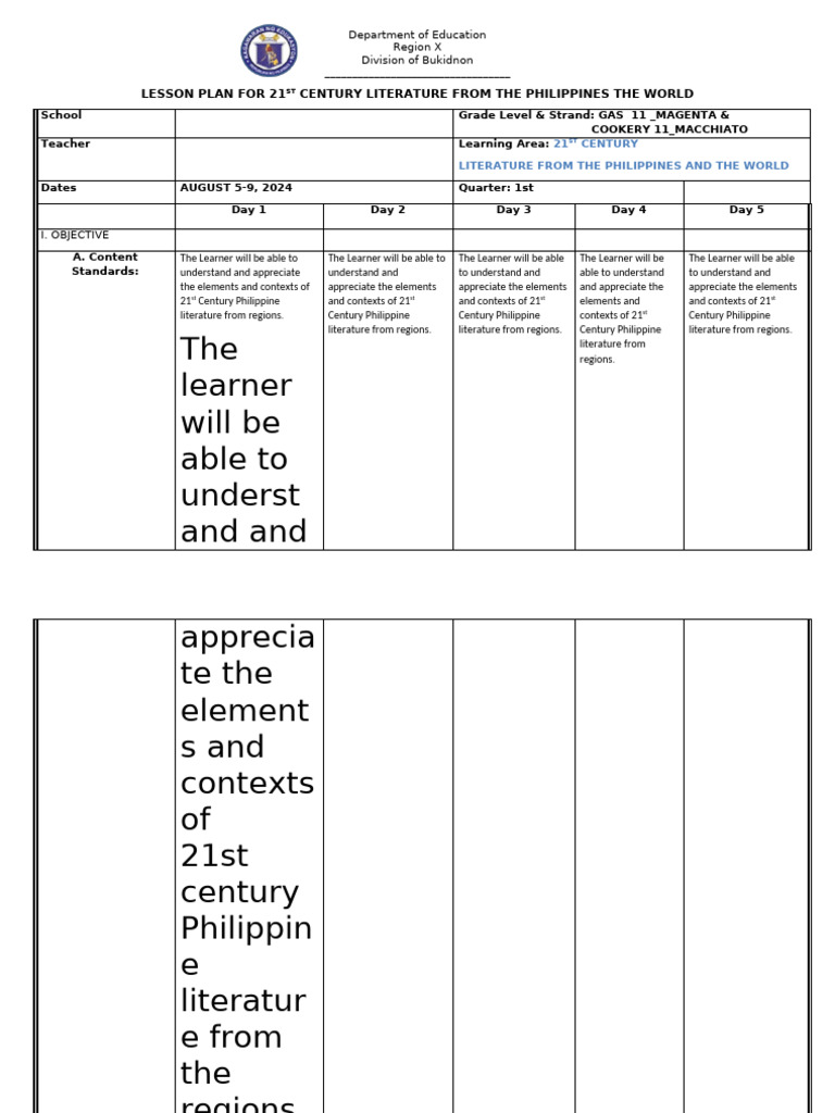 21st Century Philippine Literature Lesson Plan | PDF | Learning ...