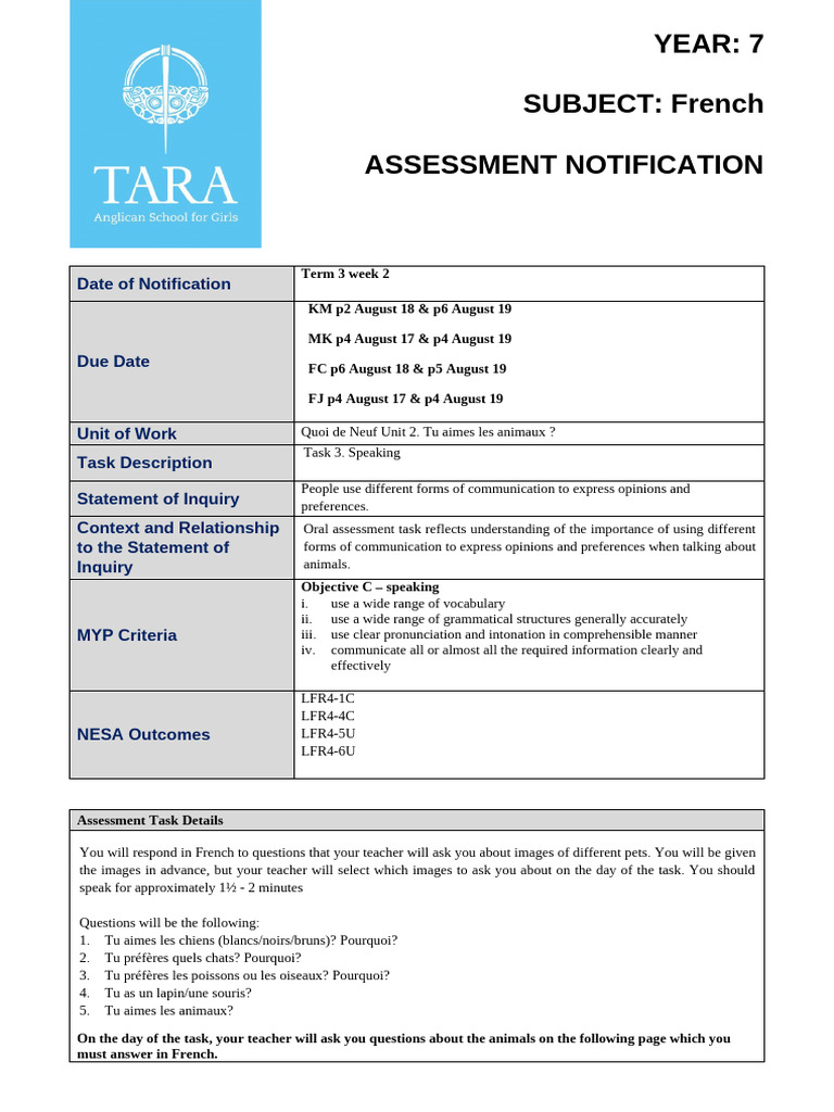 7 French Assessment Notification Task 3 2021 | PDF | Learning | Human ...