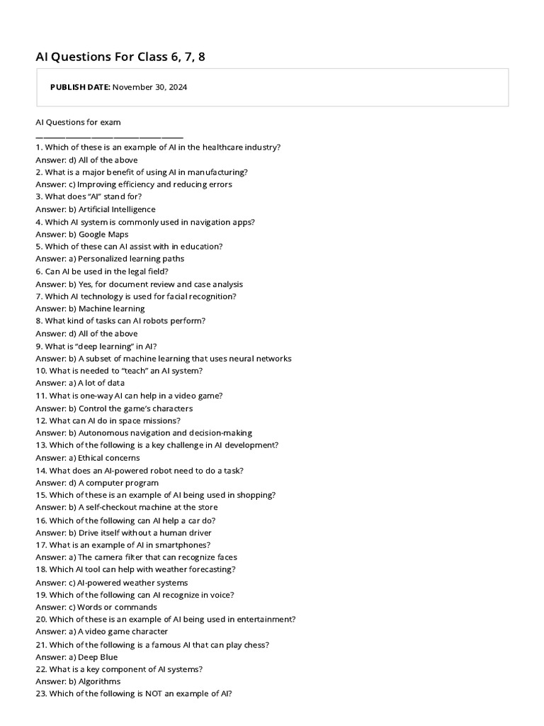AI MCQs for Class 6-8 with Answers | PDF | Artificial Intelligence ...