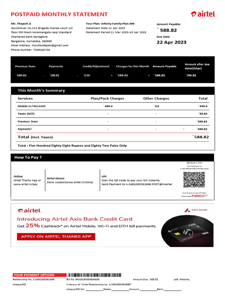 Airtel Postpaid Statement Summary | PDF | Cheque | Credit Card