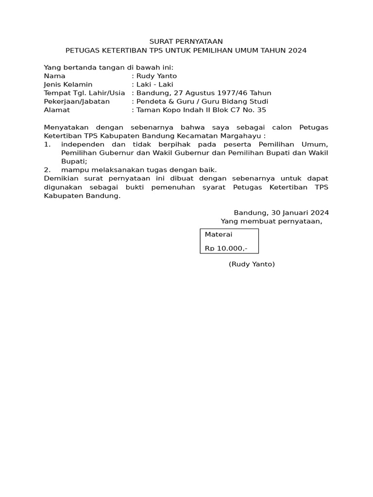 Surat Pernyataan PAM TPS | PDF