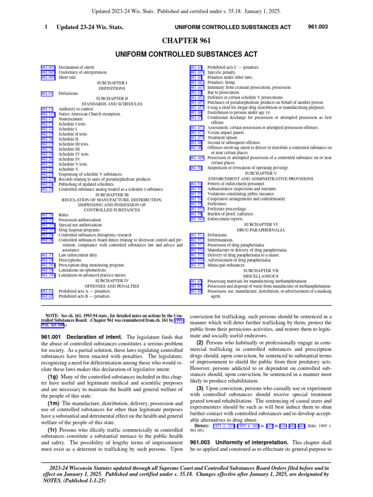 Uniform Controlled Substances Act: Updated 23-24 Wis. Stats | PDF ...