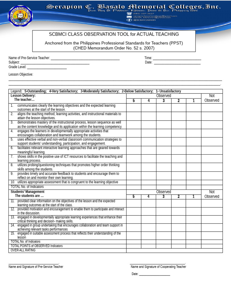 Classroom Observation Tool | PDF | Learning | Educational Assessment