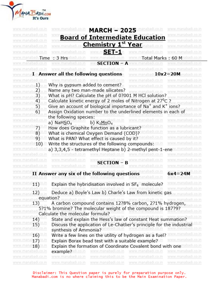 2025 1st Year Chemistry Guess Paper | PDF | Molecules | Chemical Compounds