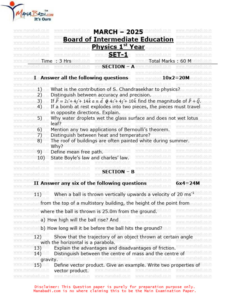 Inter 1st Year Physics (EM) 2025 Guess Paper-1 | PDF | Continuum ...
