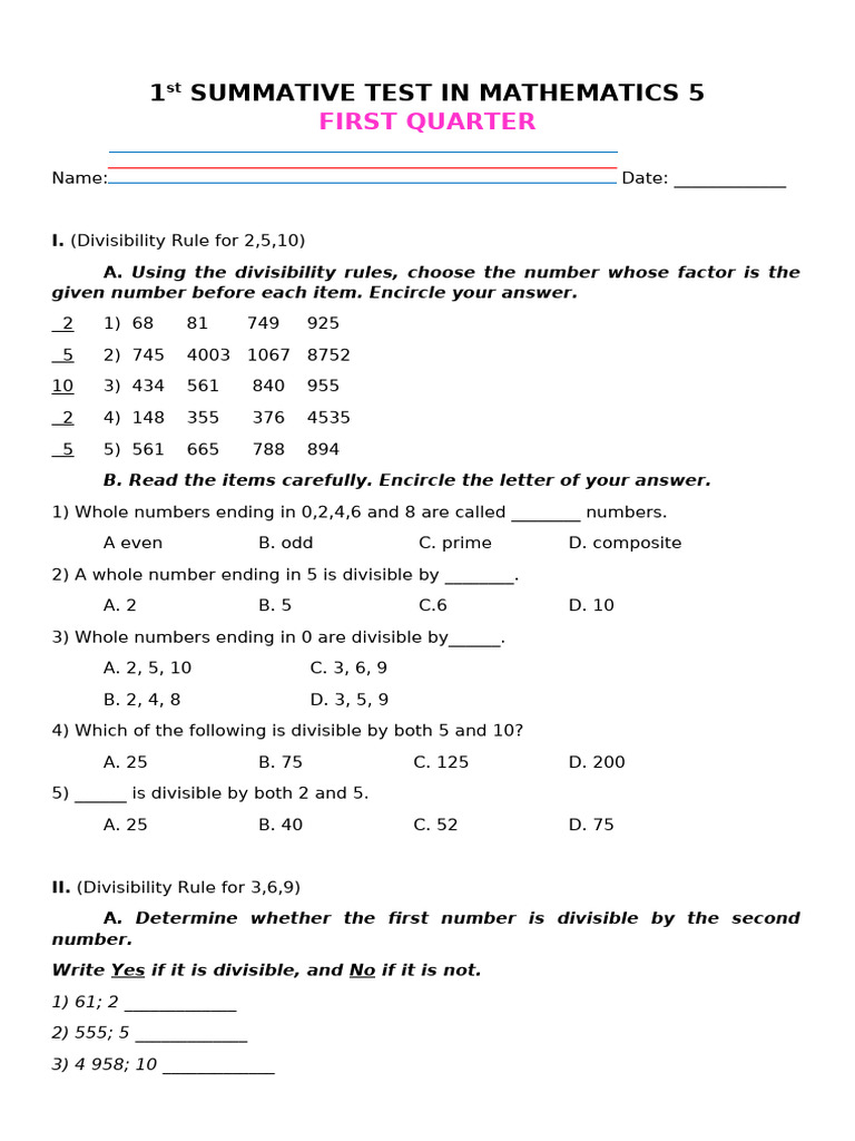 Grade 5 Summative Test in Math Modules 1-3 (1st) | PDF | Numbers ...