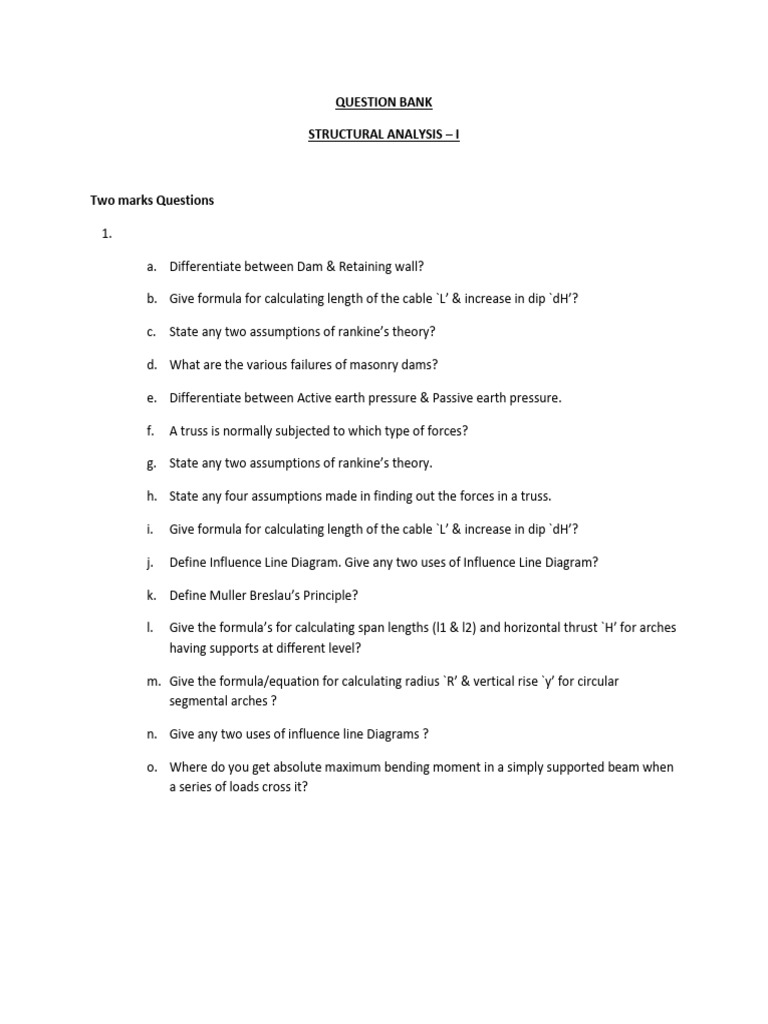 Question Bank Structure Analysis I | PDF | Bending | Truss
