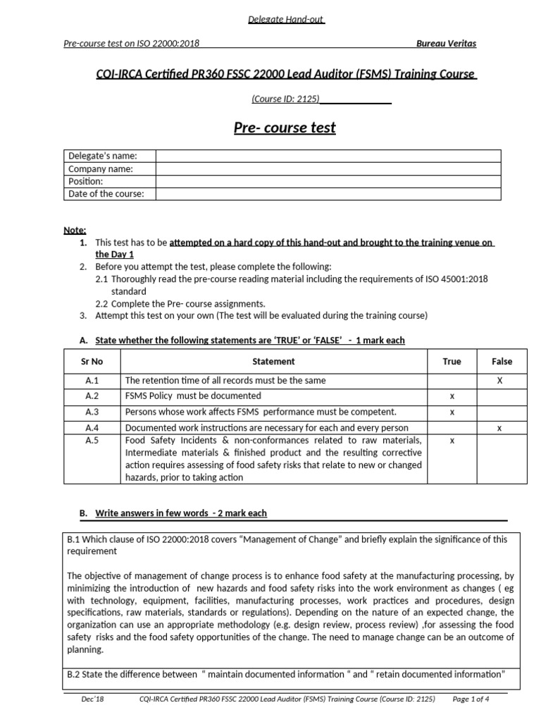4.03 PR 360 Pre Course test-Solutions | PDF | Risk | Food Safety