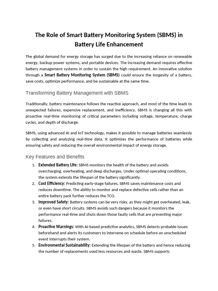 The Role of Smart Battery Monitoring System (SBMS) | PDF | Sustainability
