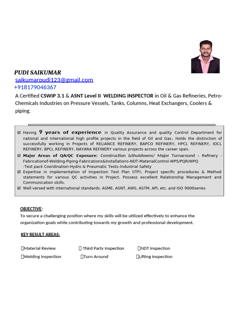 Sai Kumar Welding Inspector CV | PDF | Nondestructive Testing | Crane ...