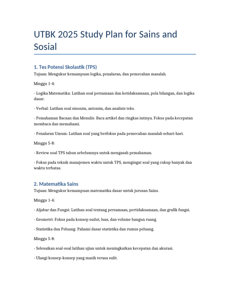 UTBK 2025 Study Plan Sains Sosial | PDF