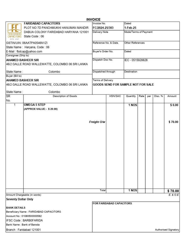 Invoice for Omega 5 Step Capacitors | PDF