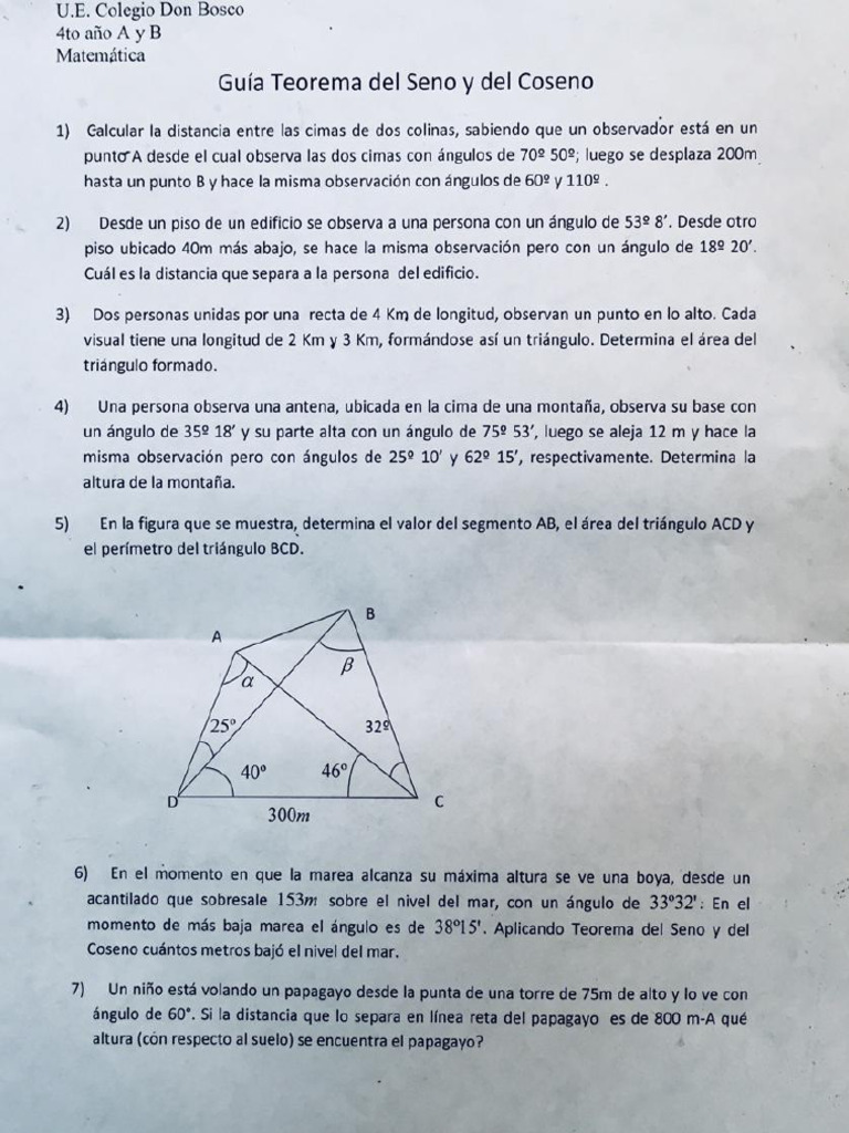 Guia Matematica 4to Año Ley Seno y Coseno | PDF
