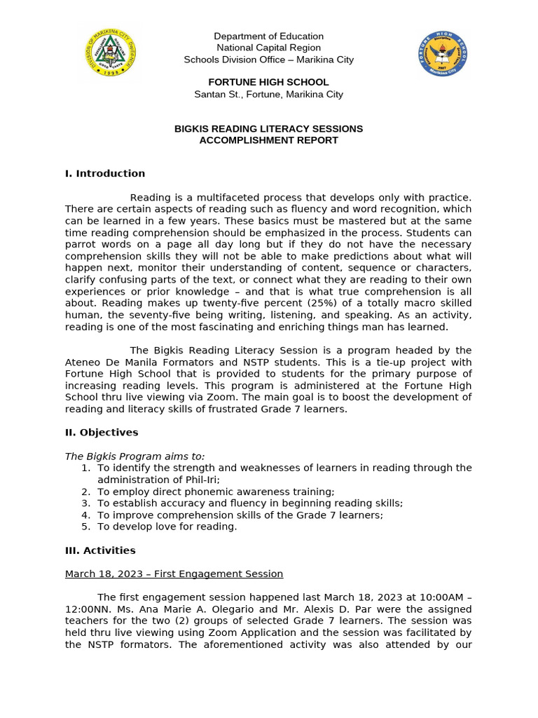 Bigkis Reading Literacy Sessions Report | PDF | Reading Comprehension ...