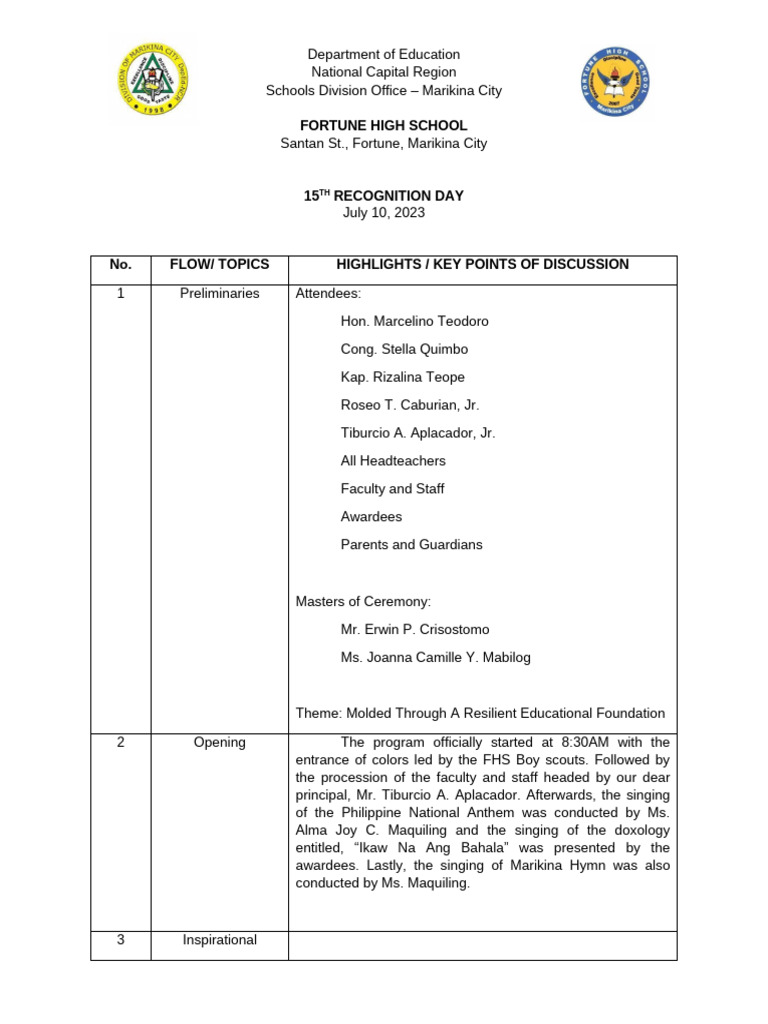 Narrative Report Recognition Day July 11 2023 | PDF