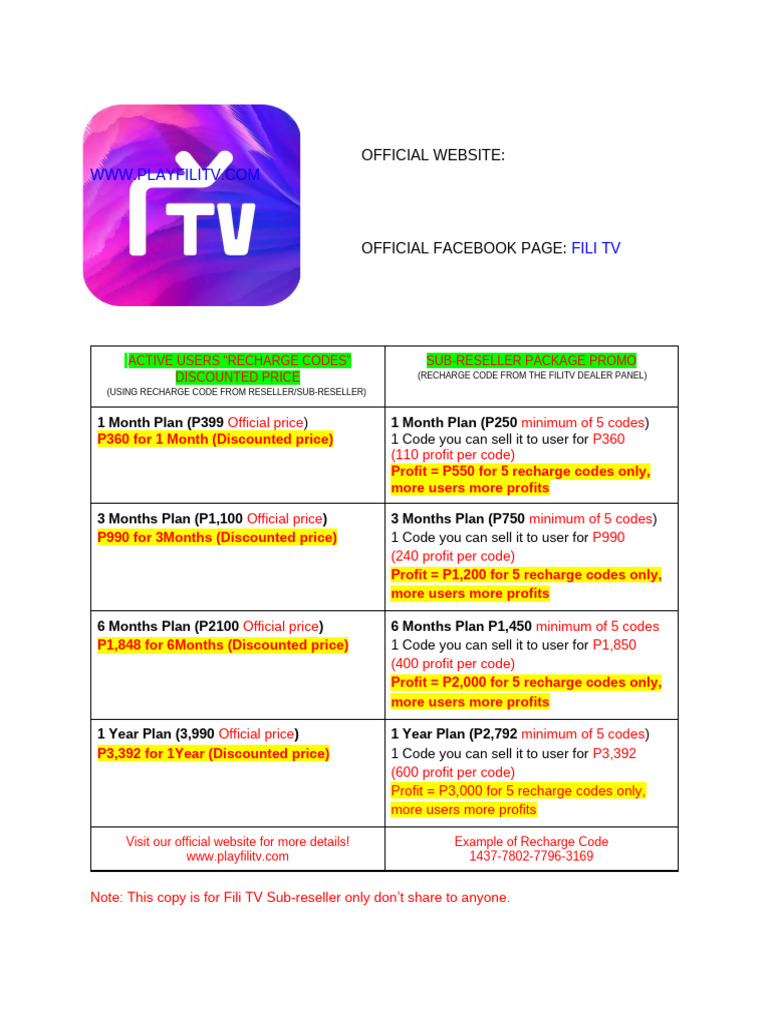 Fili TV Sub-Reseller Recharge Plans | PDF