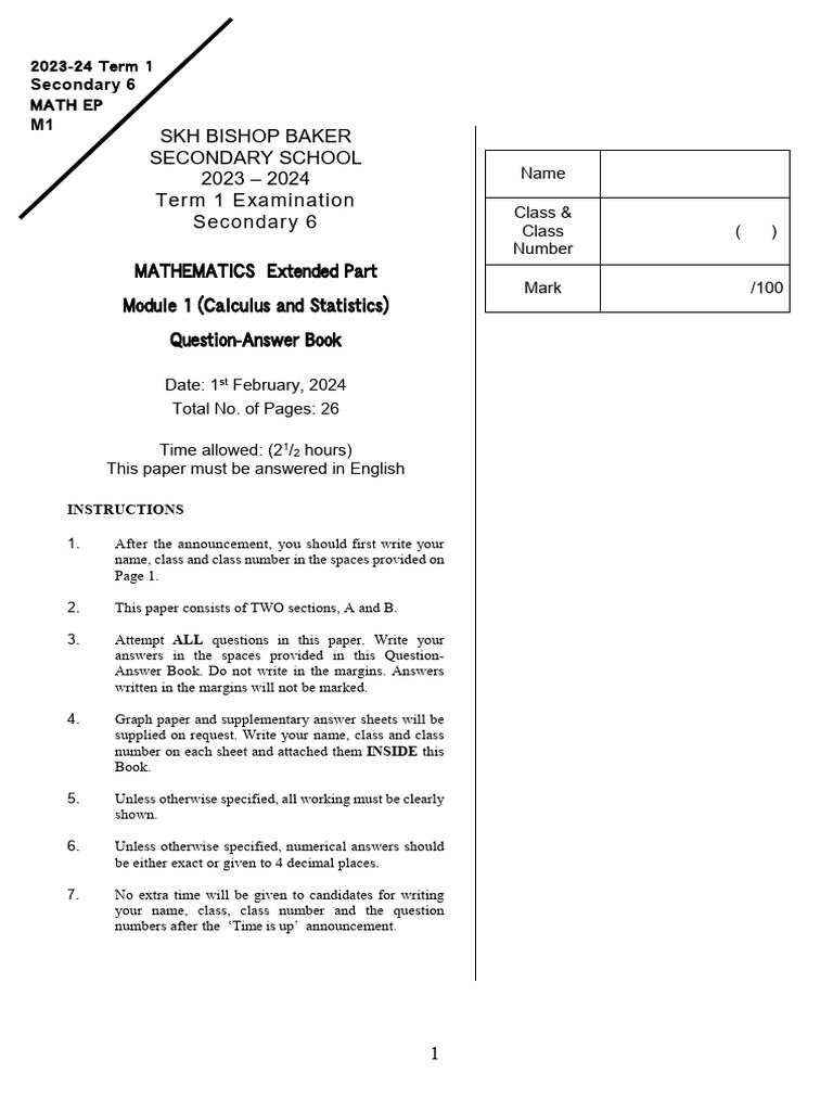 23-24 S.6 M1 Mock Paper | PDF | Function (Mathematics) | Mathematics