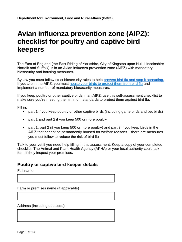 AIPZ Checklist For Poultry and Captive Bird Keepers - With Housing Measures Word | PDF | Avian ...