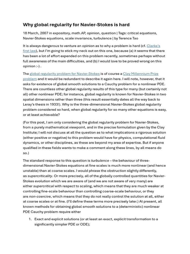 Why Global Regularity For Navier Pdf Navier Stokes Equations Partial Differential Equation