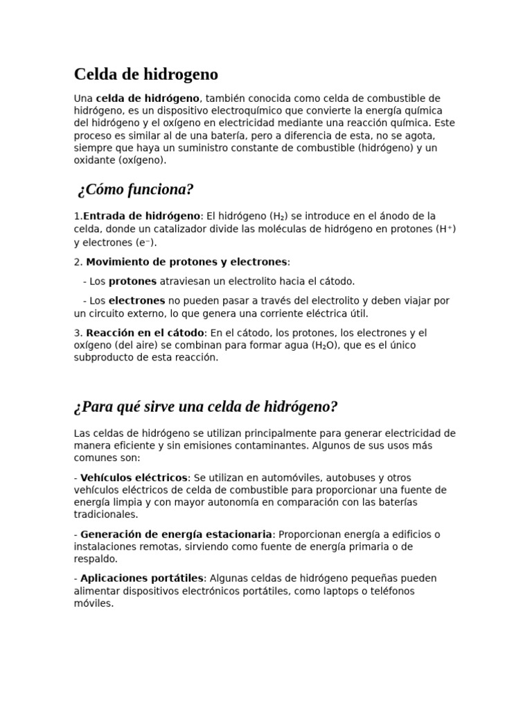 Celda de hidrogeno (1) | PDF | Pila de combustible | Hidrógeno