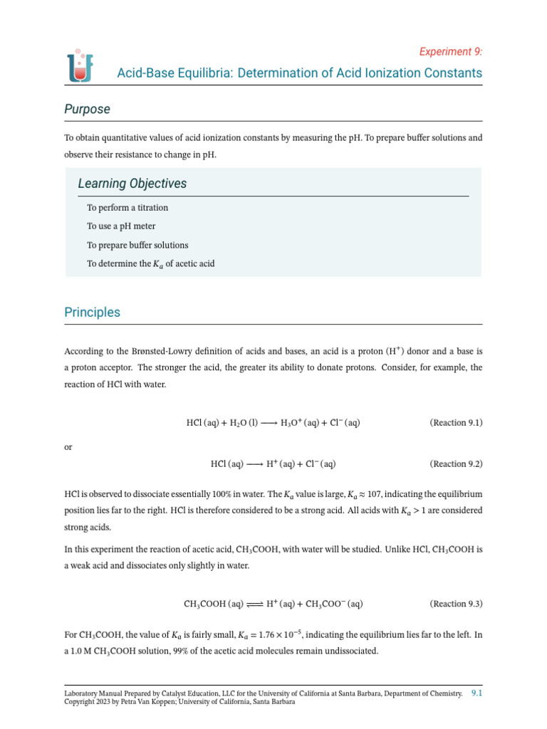 Purpose: Acid-Base Equilibria: Determination of Acid Ionization Constants | PDF | Acid ...