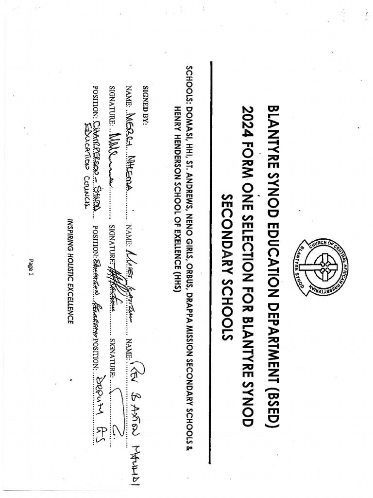 Ccap Blantyre Synod 2024 Form One Selection | PDF
