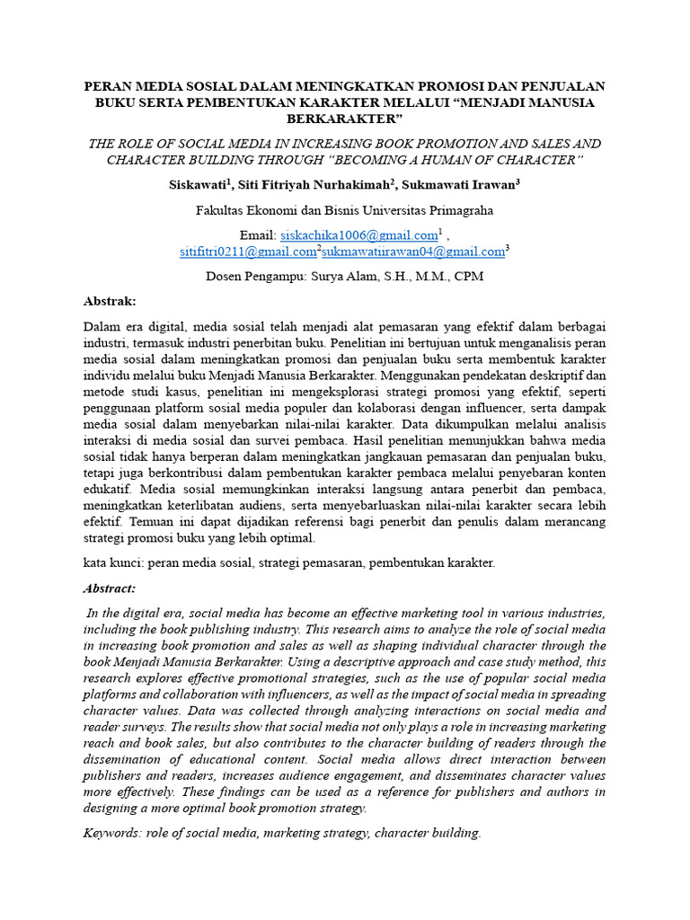 Jurnal Peran Media Sosial Dalam Meningkatkan Promosi Dan Penjualan Buku Serta Pembentukan ...