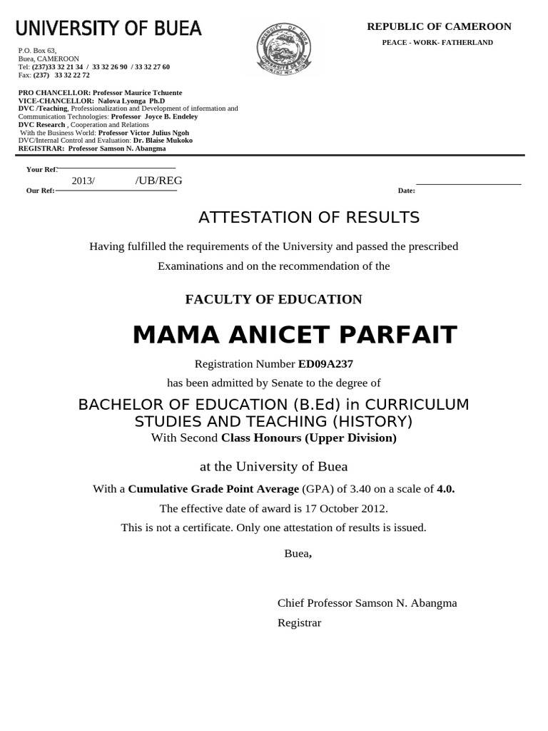 University of Buea Results Attestation | PDF
