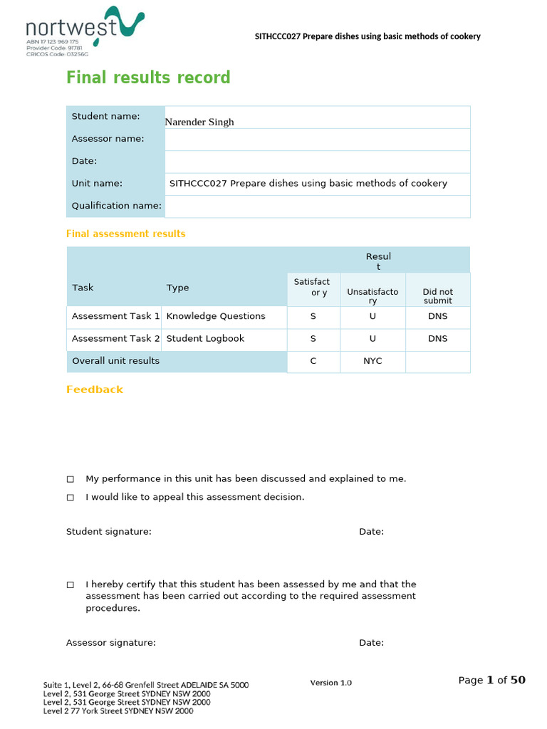 SITHCCC027 Cookery Assessment Overview | PDF | Cooking | Roasting