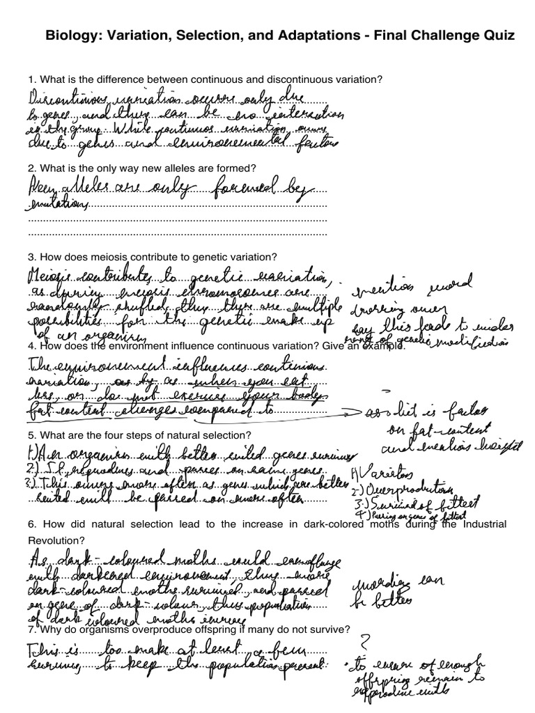 Open Biology Variation Selection Adaptations Quiz - PDF 11 | PDF ...
