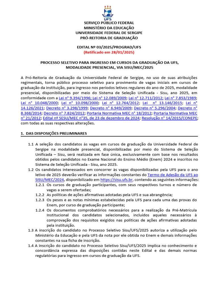 Edital N 03 2025 SISU UFS 2025 Retificado 28 01 2025 | PDF