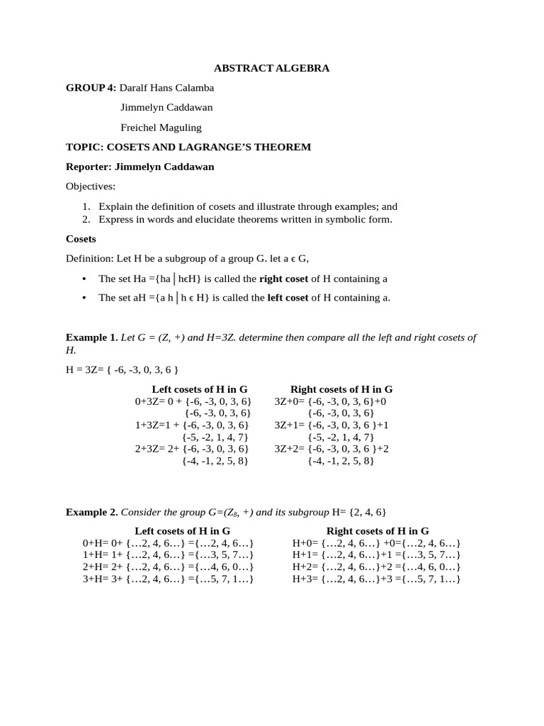 Group 4 Cosets and Lagrange Theorem | PDF | Group (Mathematics) | Mathematics
