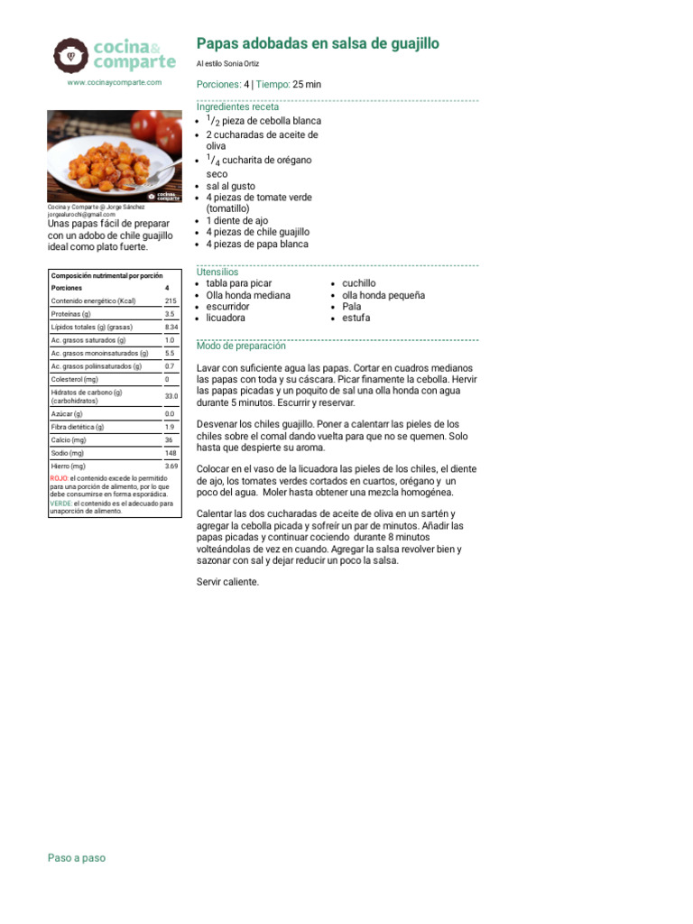 Receta Papas Adobadas en Salsa de Guajillo - Impreso - CyC | PDF | sal ...
