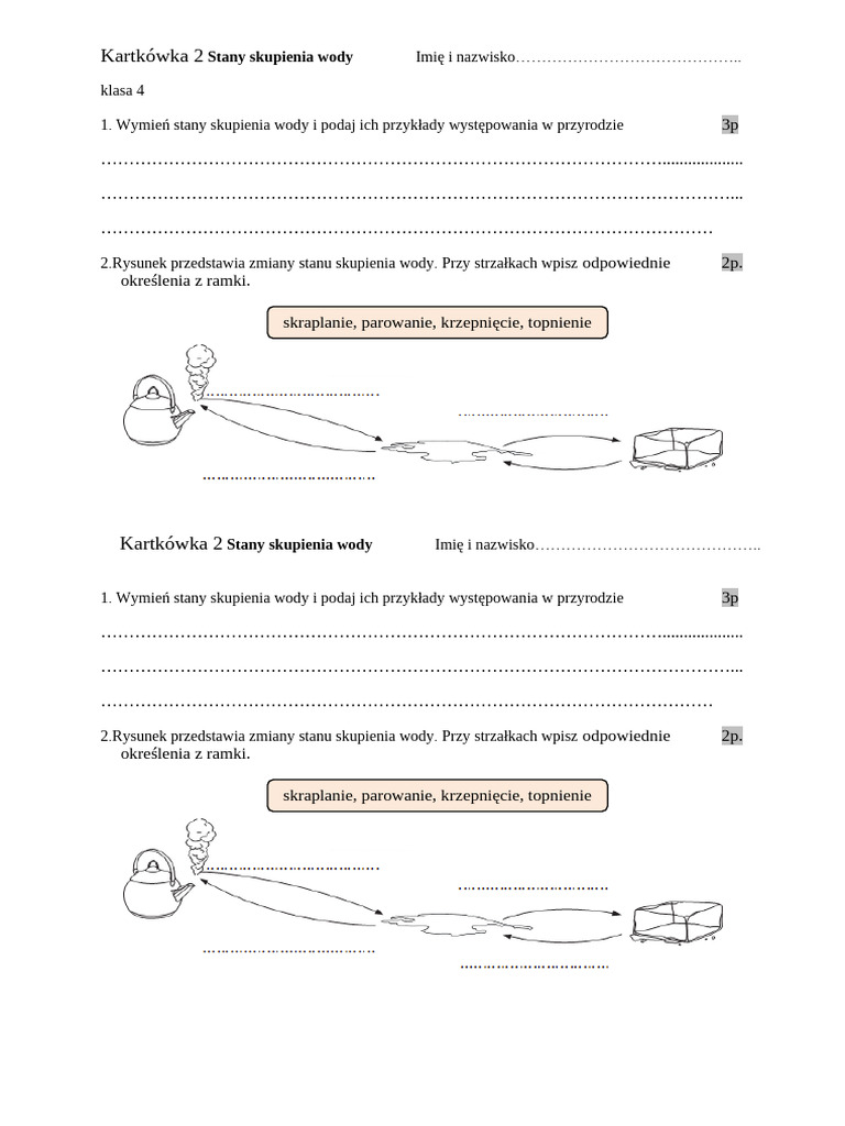 Kartkówka 2 Stany Skupienia Wody | PDF