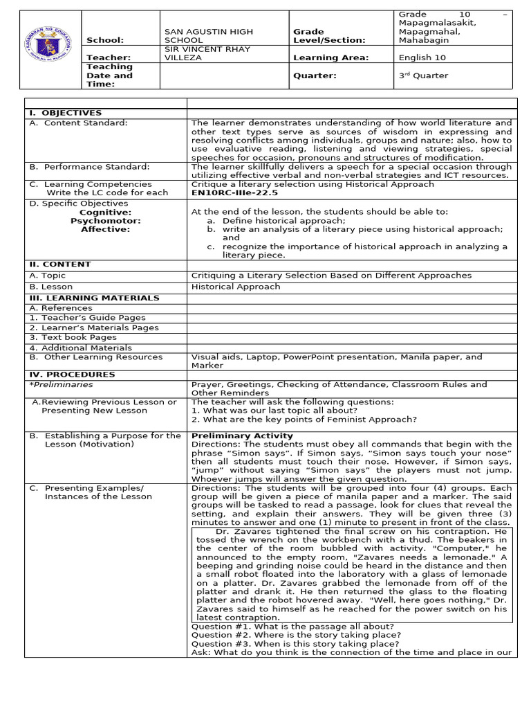 Historical Approach in Literature | PDF | Learning | Teachers