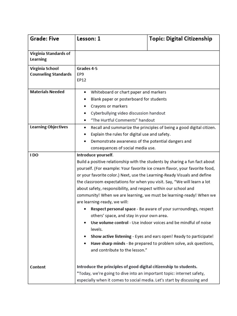 Fifth Grade 01LP Digital Citizenship | PDF | Cyberbullying | Risk
