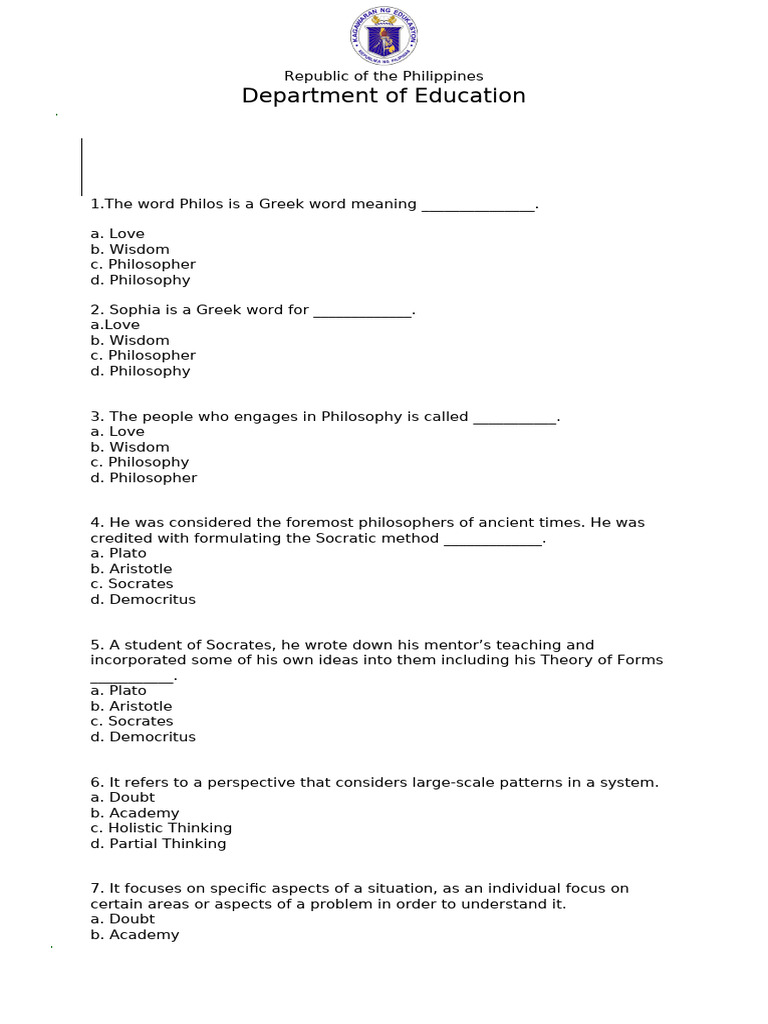 Philippine Philosophy Quiz and Answers | PDF | Socrates | Wisdom