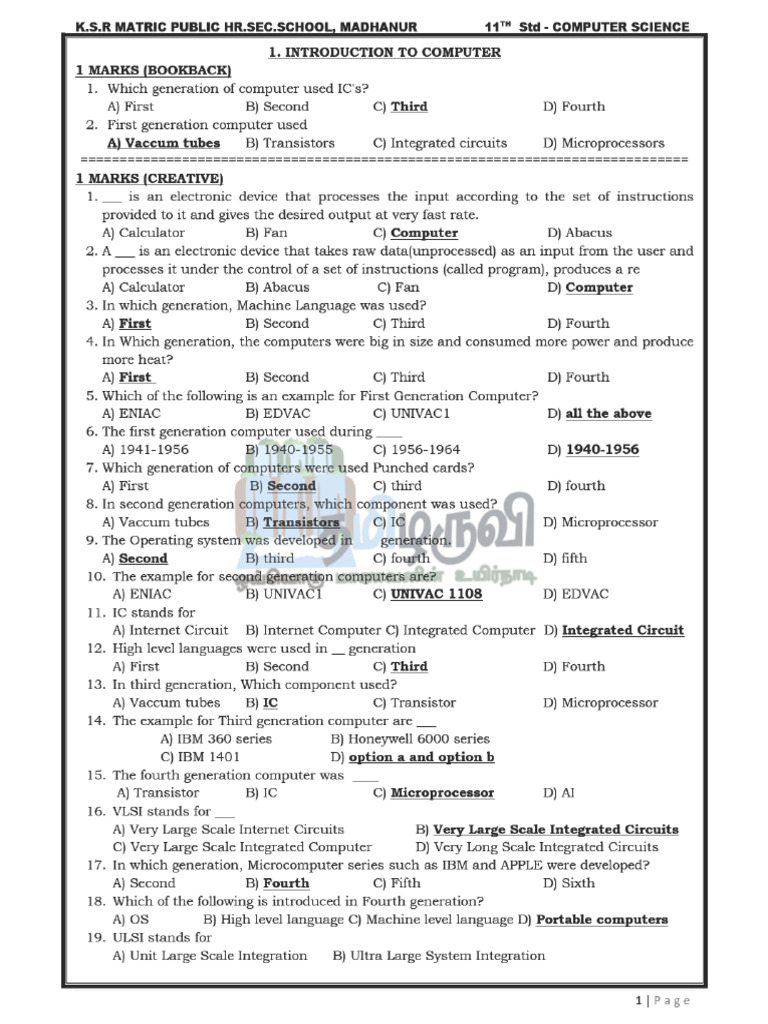 11th Computer Science All Unit One Mark Question Collection by MR S A Muneer Basha | PDF