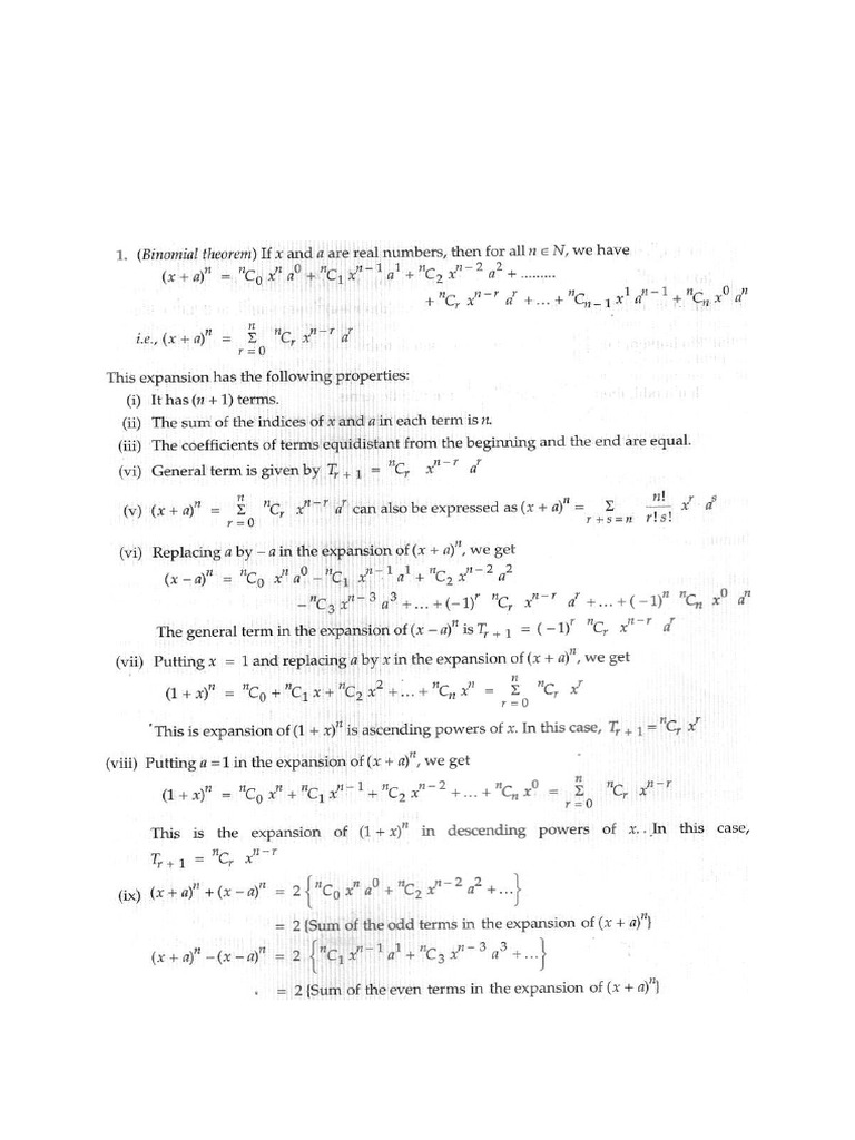 Class 11 Binomial Theorem Formulas | PDF