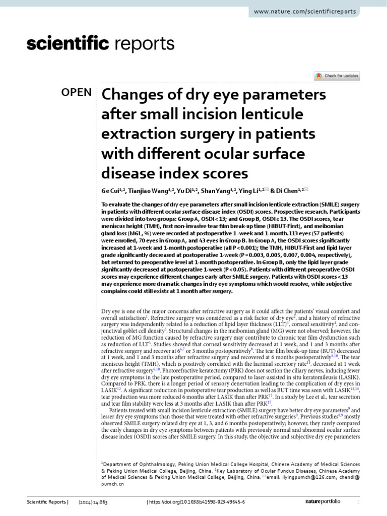 Changes of Dry Eye Parameters After Small Incision Lenticule Extraction ...