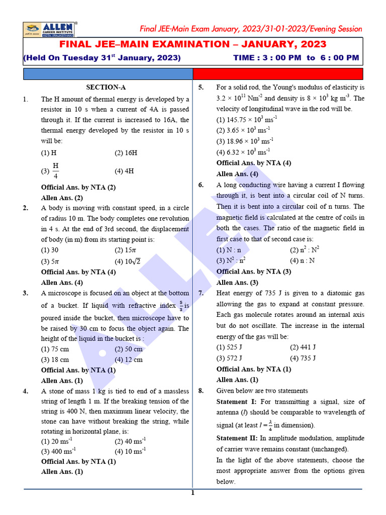 3101 Physics Paper+With+Ans Evening | PDF | Capacitor | Gases